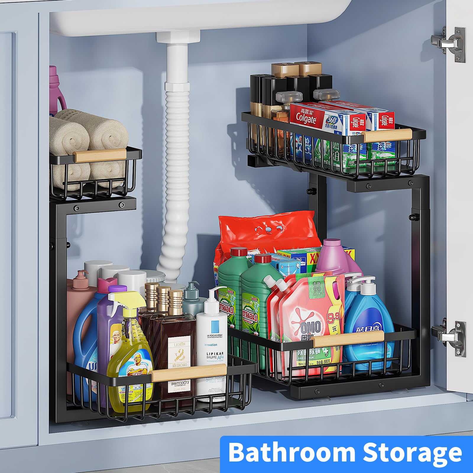 KEKAPE Under Sink Organizer and Storage,Height Adjustable Under Sink Organizer, Single 2 Tier Pull Out Drawer Cabinet Organizer for Kitchen Bathroom Storage