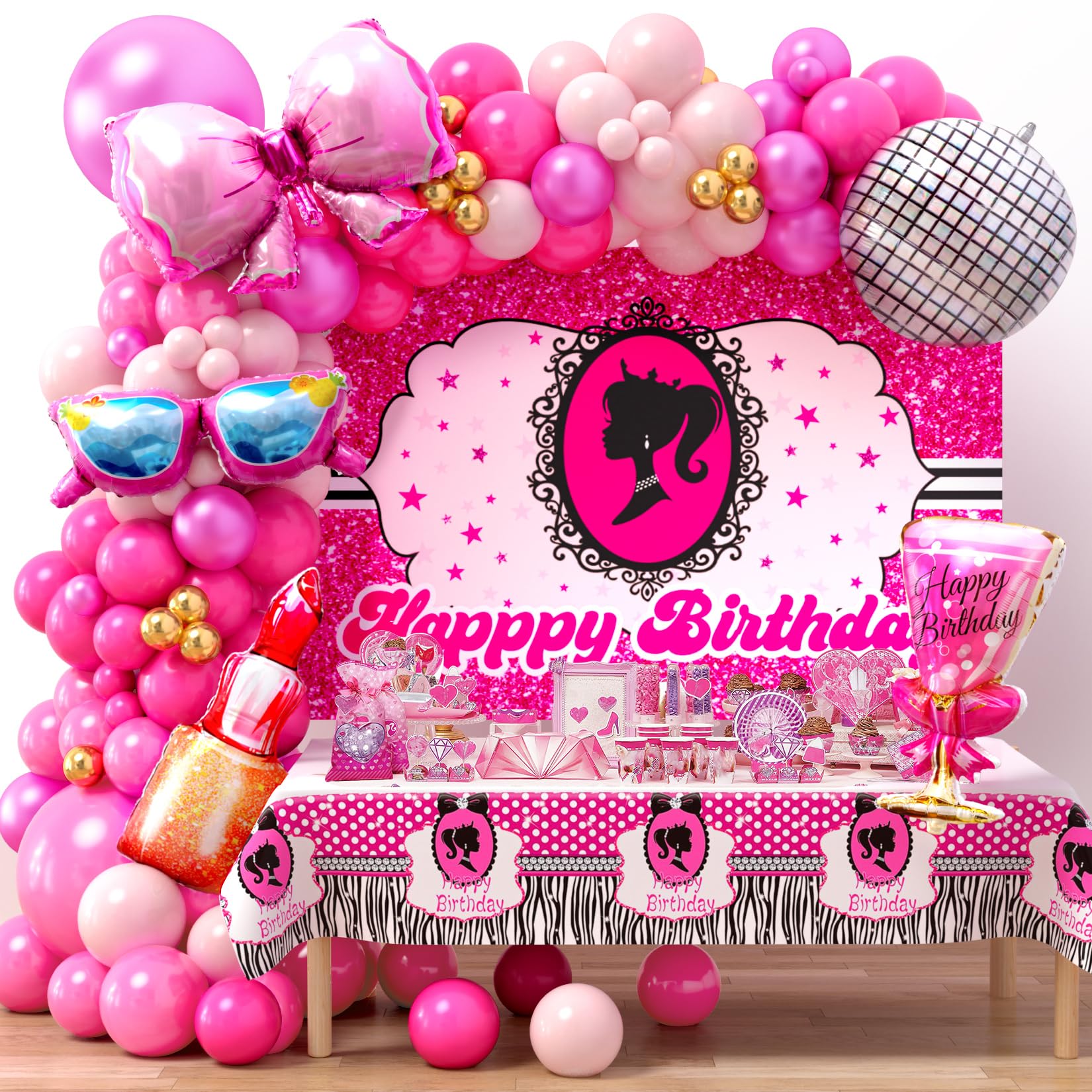 KELENO 137 Hot Pink Party Decorations Birthday Party Supplies Princess Balloon Garland Arch Kit Bow Disco Sunglass Lipstick Balloon Backdrop Tablecloth Baby Shower Bachelorette Girl Birthday Decor