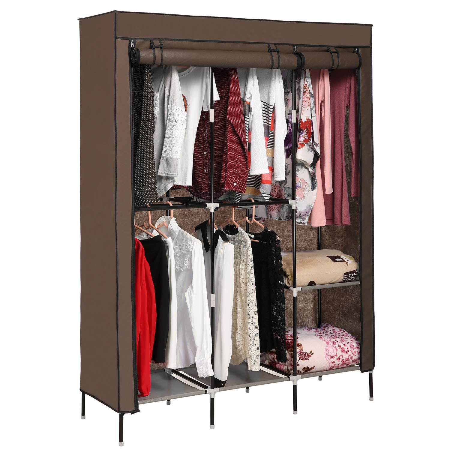 langomke Wardrobe Closets Portable Clothes Closet Non-Woven Fabric Storage Organizer Rolling Door Cloth Storage Shelf with 5 Hanging Rack (Coffee)