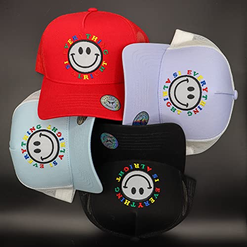 MU:KA: Smile Face Embroidery Trucker Hat Streetwear Vintage 5-Panel Trucker Hat Mesh Back Cap Snapback Graphic Hat (Black)