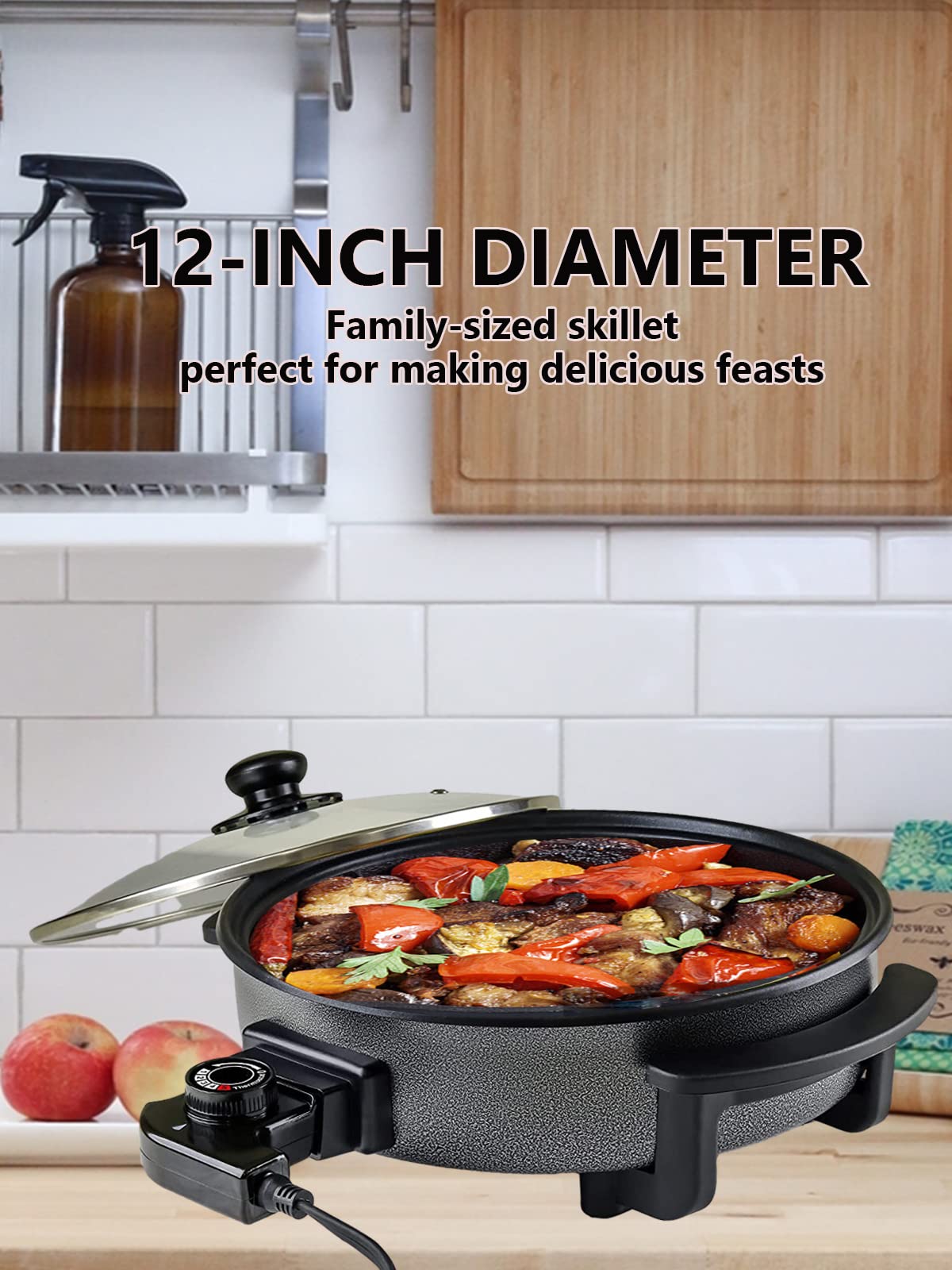 Nonstick Electric Skillet - Aluminum Coated Grill Pan & Glass Lid Cover (12-Inch)