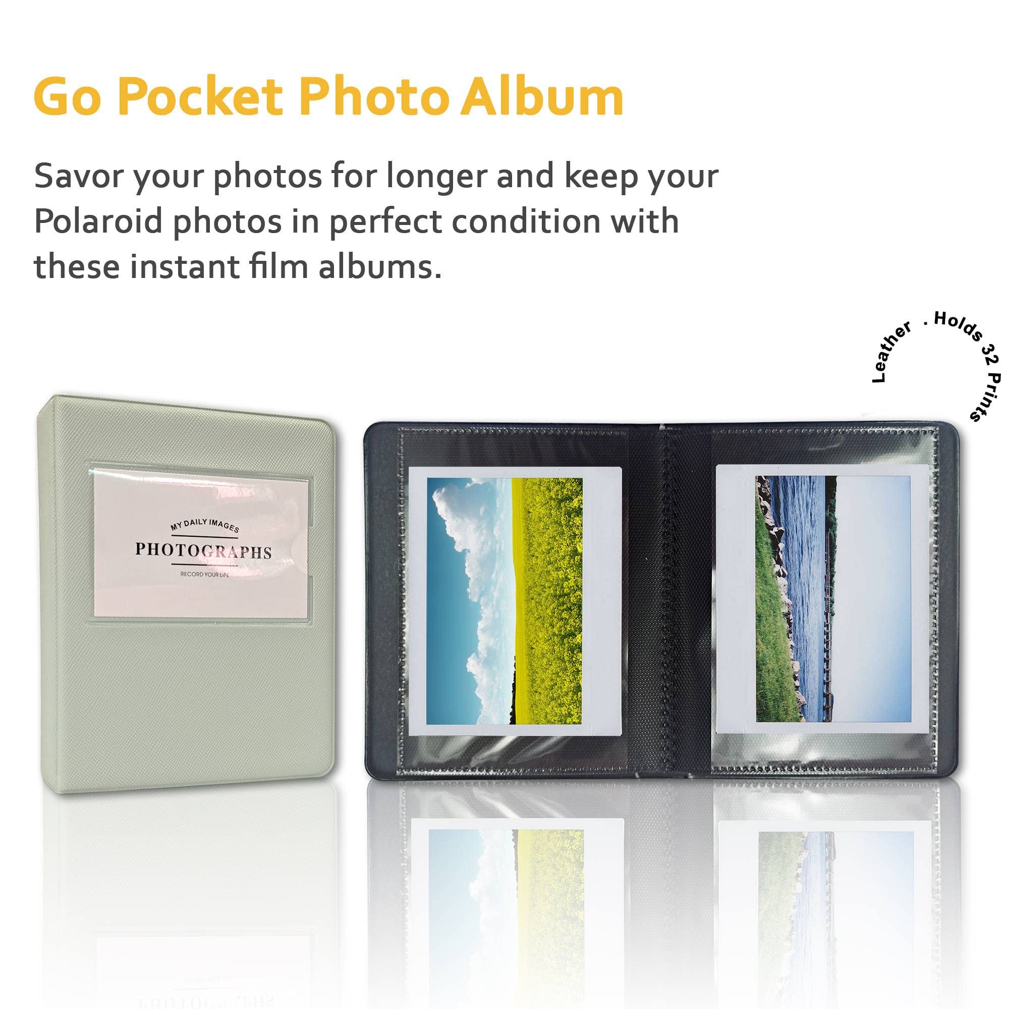 Polaroid Black & White Film for SX-70, 8 Sheets + Leather 5" Photo Album, Holds 32 Prints- Grey + Photo4less Lens Cloth