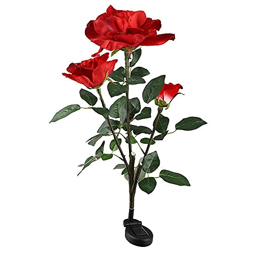 LamQee 3 Head Rose Flower Solar Powered LED Lights IP65 Waterproof Outdoor In-Ground Stake Light Lamp for Garden Stake Yard Home Decor - Pack of 1, Red