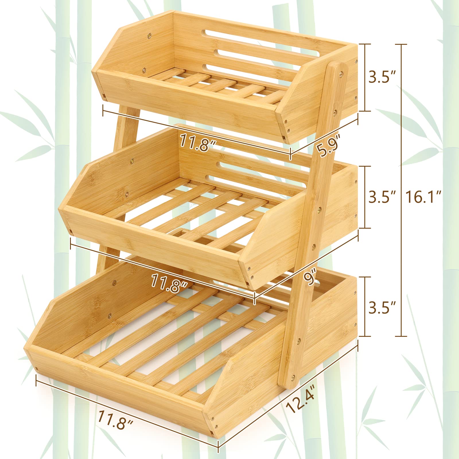 Mxbamhyc Bamboo Fruit Basket,3-Tier Fruit Bowl for Kitchen Counter, Large Capacity Vegetable Storage Holder,15 mm Thickness