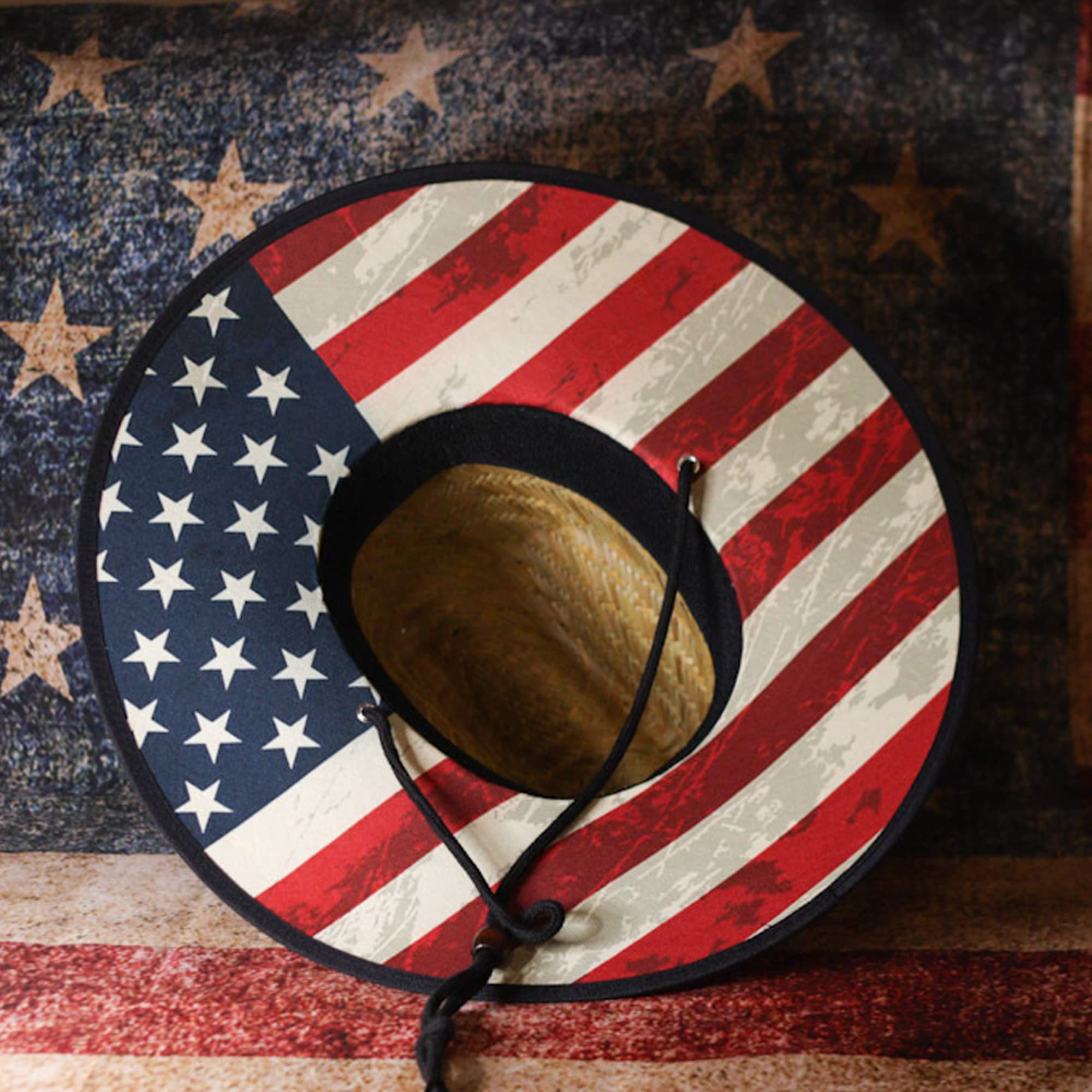 Pesky Patriot American Flag Straw Sun Hat - 100% Natural Round Straw Hat for Sun Protection, Unisex Enjoyment, Premium-Quality Material