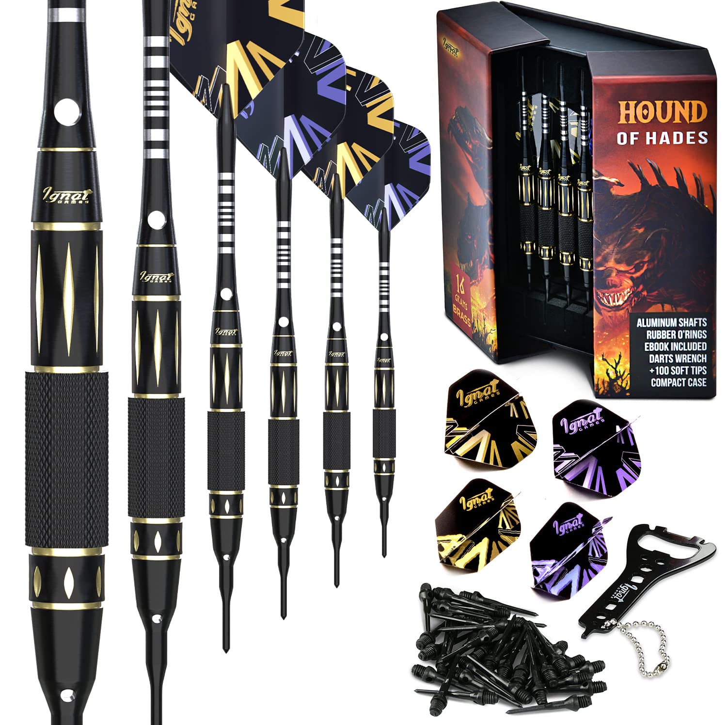IgnatGames Darts Plastic Tip Sets - Soft Tip Darts for Electronic Dartboard - Plastic Tip Darts Set with Aluminum Shafts, O'rings, 100 Dart Tips and 16 Flights + Darts Wrench + Innovative Case