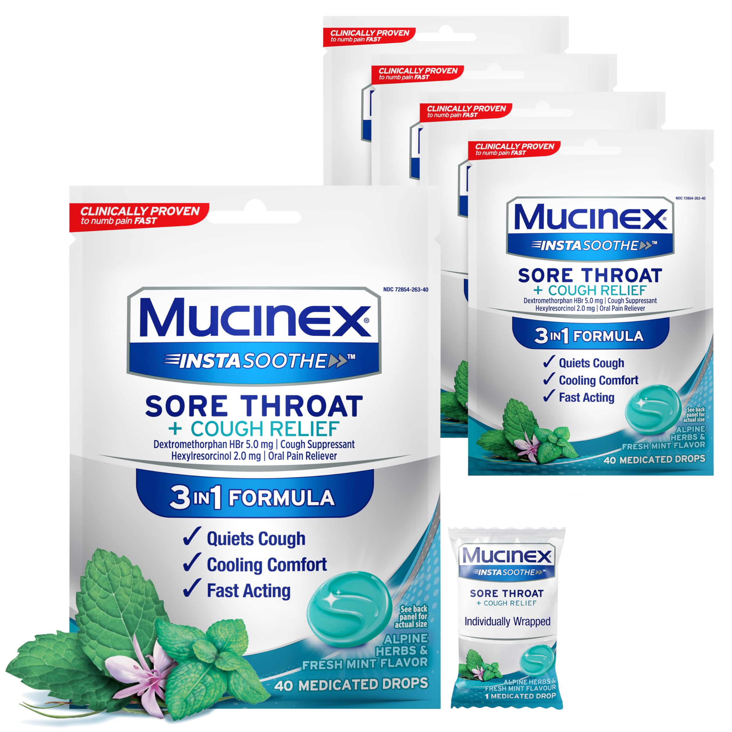 Mucinex InstaSoothe Sore Throat + Cough Relief Alpine Herbs & Mint Flavor, Fast Acting, Cooling Comfort, Powerful Sore Throat Oral Pain Reliever, 40 Medicated Drops (40 Count (Pack of 5))