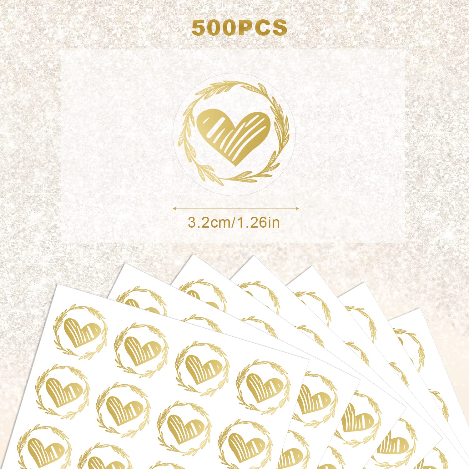 SAVITA Heart Envelope Seals, 500 Pcs Clear Bronzing Heart Stickers for Envelopes 1.26 Inch Round Heart Stickers for Wedding Invites DIY Craft (Gold)