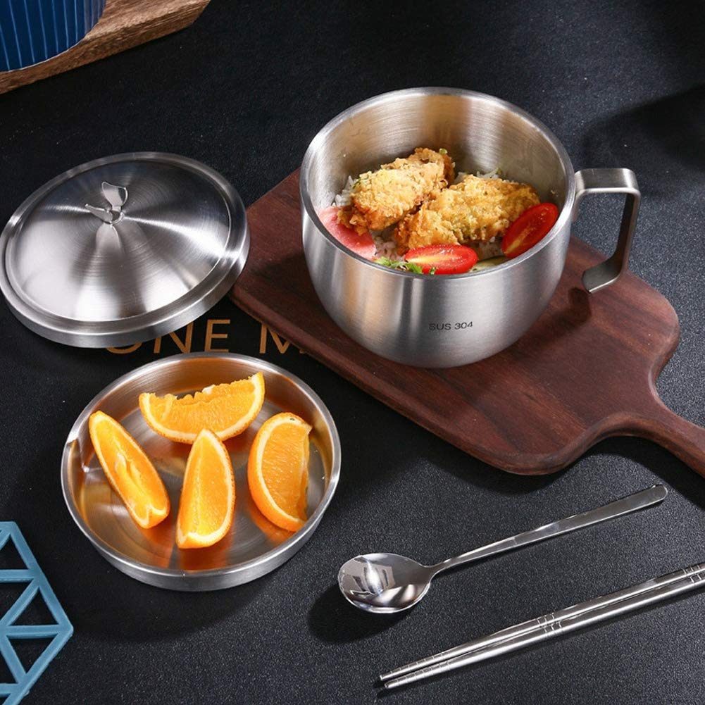 Noodle Bowl with Lid, Stainless Steel Soup Bowls Double Layer Food Container for Storing/Soaking Soup Noodle Ramen at Home Dorm Office