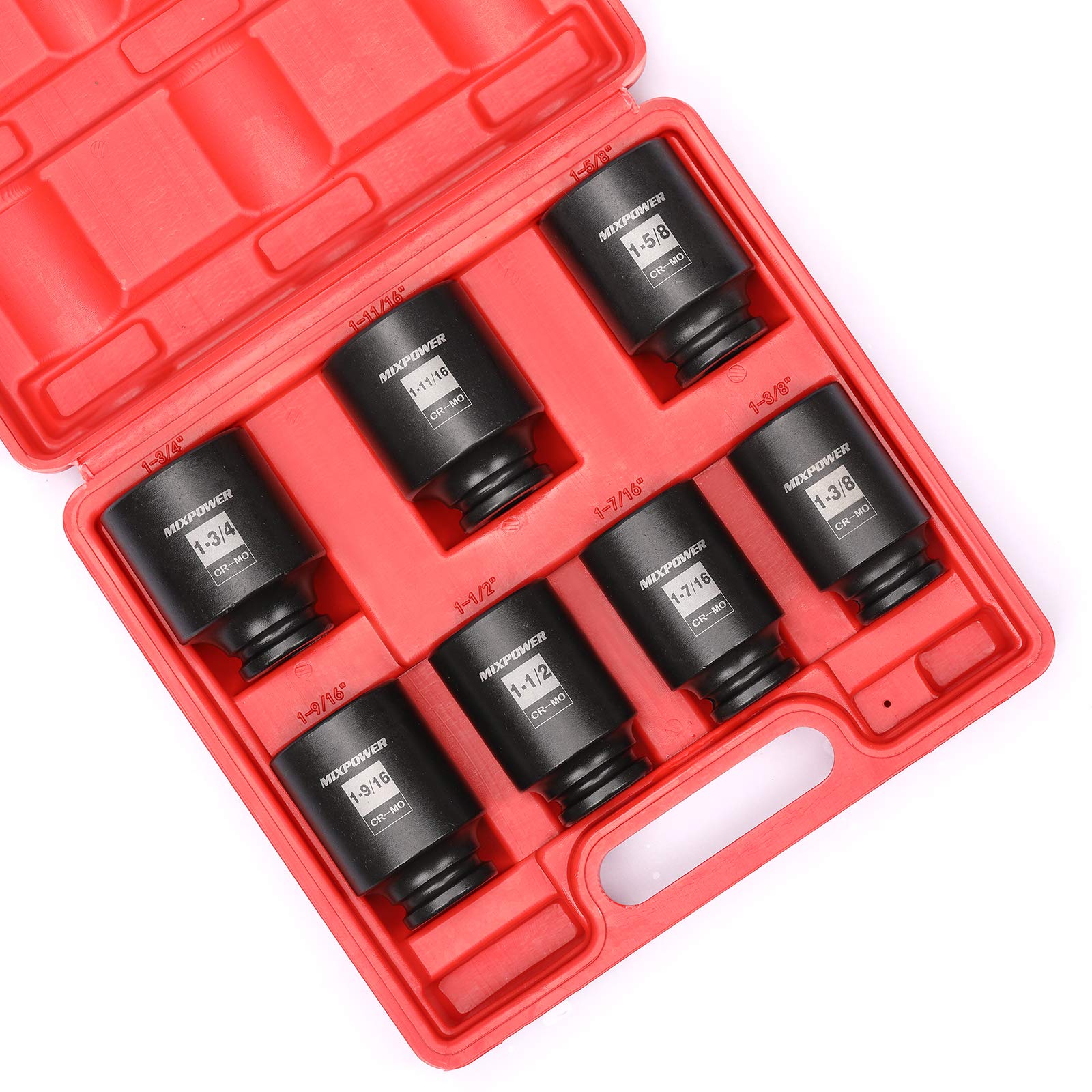 MIXPOWER 1/2-Inch Drive Deep Impact Socket Set, Inch, Cr-Mo, 6-Point, 1-3/8-Inch - 1-3/4-Inch, 7-Piece 1/2" Dr. Deep Spindle Axle Nut Impact Socket Set