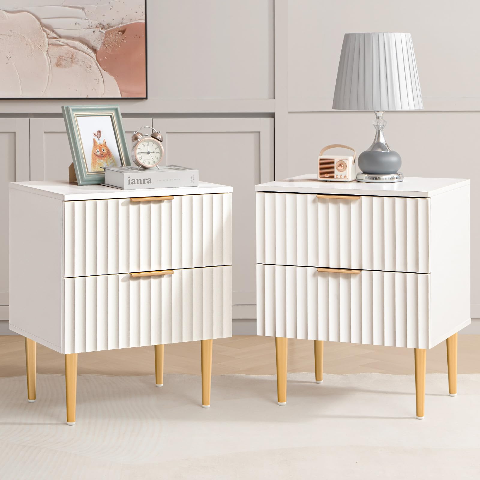 SICOTAS White Night Stand Set 2, Wide Fluted Nightstand with 2 Drawers, Modern Glossy Storage Bedside Table for Bedroom, End Side Table with Golden Metal Legs and Handles(2, White)