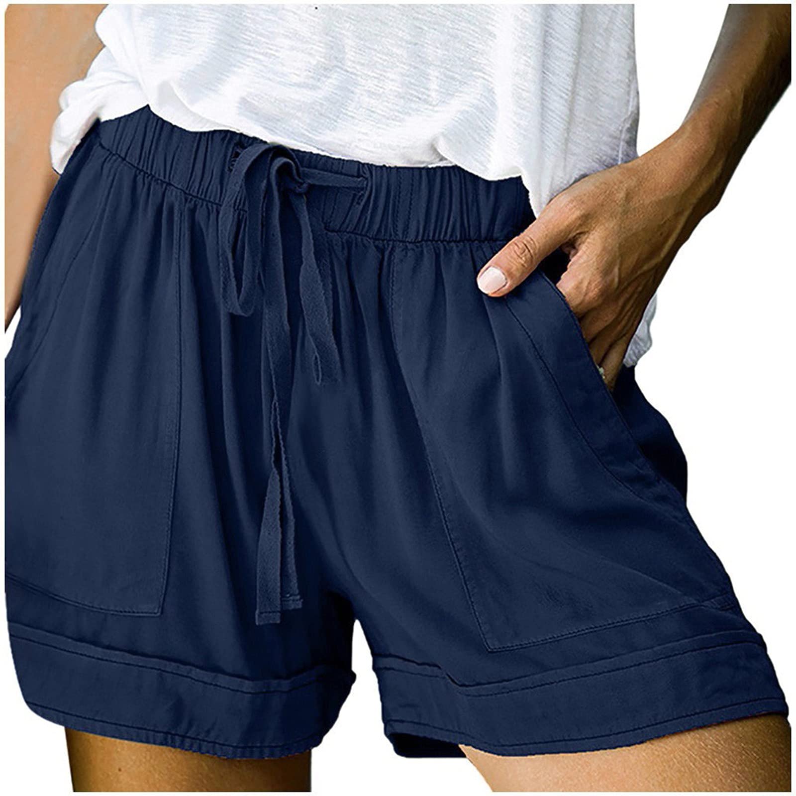 Petite to Plus Size Womens Summer Beach Lightweight Sweat Shorts Drawstring Casual Elastic Waist Short Pocketed Pants S-5XL Dark Blue