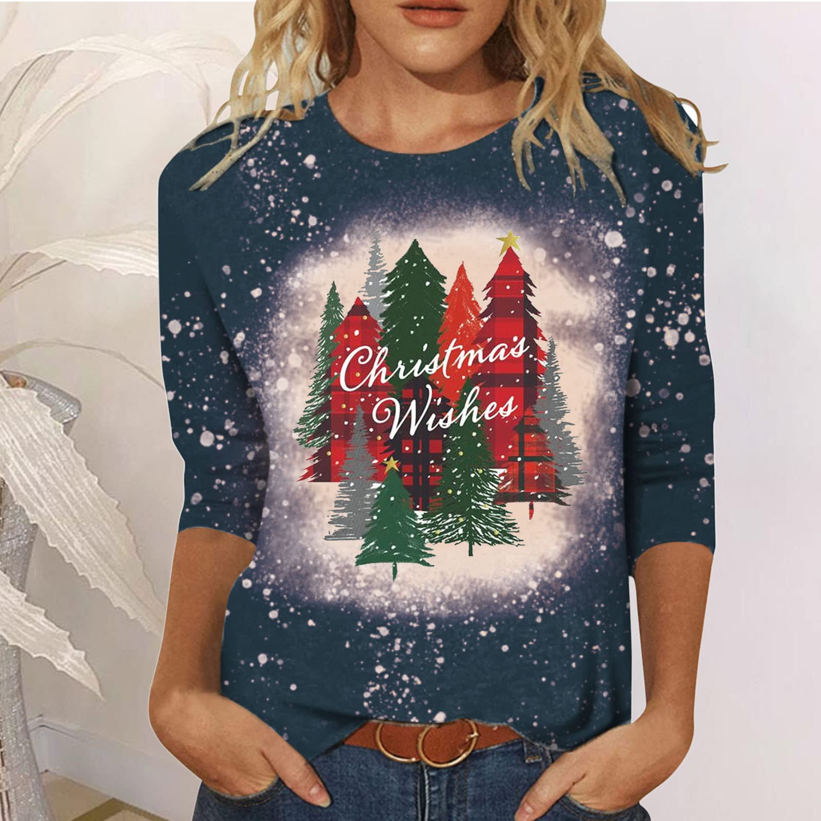 Pullovers For Women Graphic Cute Elk Pattern Blouse Oversized Long Sleeve Tees Lightweight T Shirt Hoodies Teen Clothes Navy