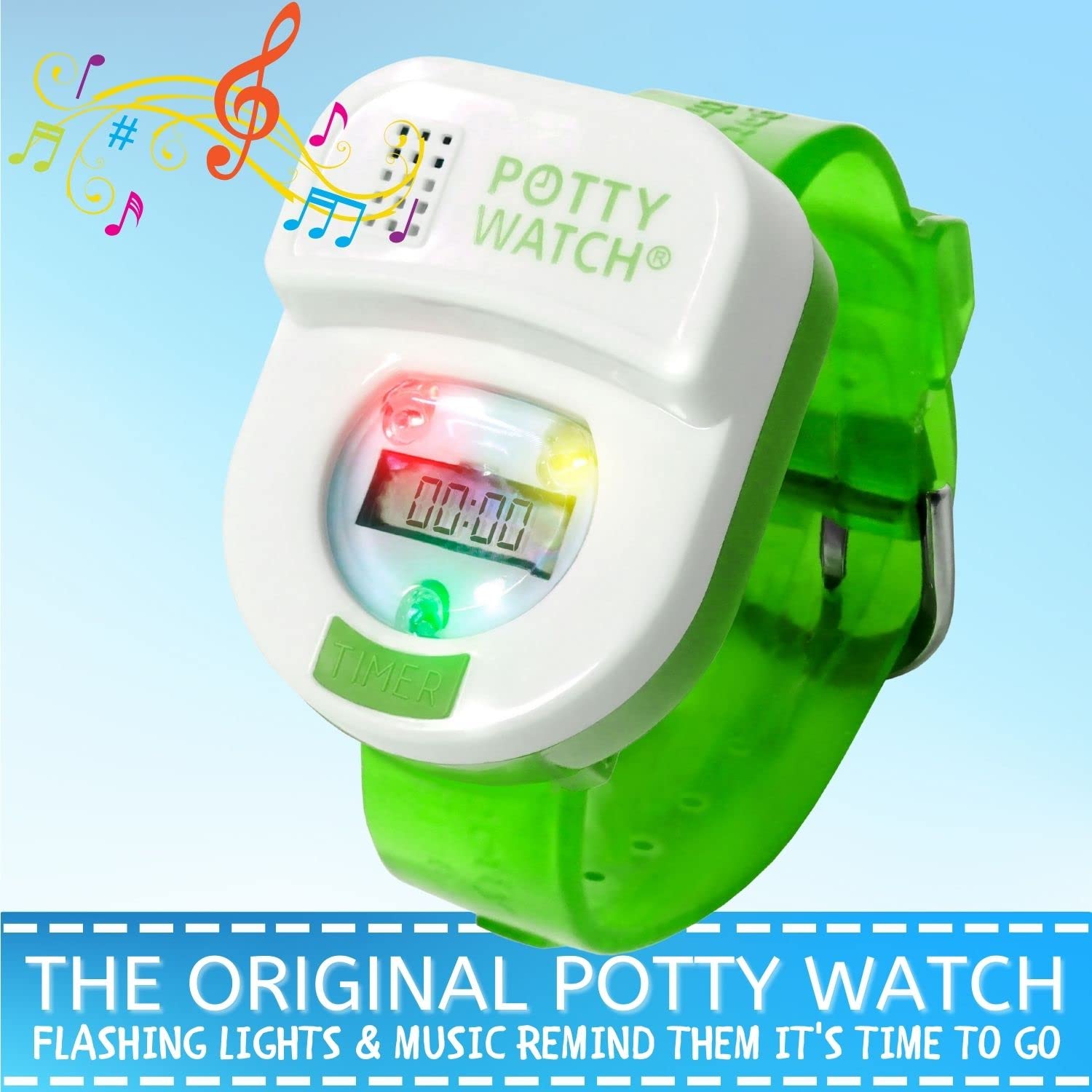 Potty Time: The Original Potty Watch | Water Resistant, Toilet Training Aid, Warranty Included. (30, 60 or 90 Min Automatic Timers Plays Music & Flashing Lights for Fun & Gentle Reminders)Blue & Green