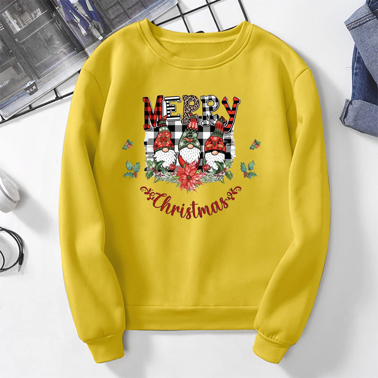 Pullovers For Women Graphic Funny Christmas T-Shirt Long Sleeve Festival Shirts Flowy All-match Pullovers Christmas Tops Yellow