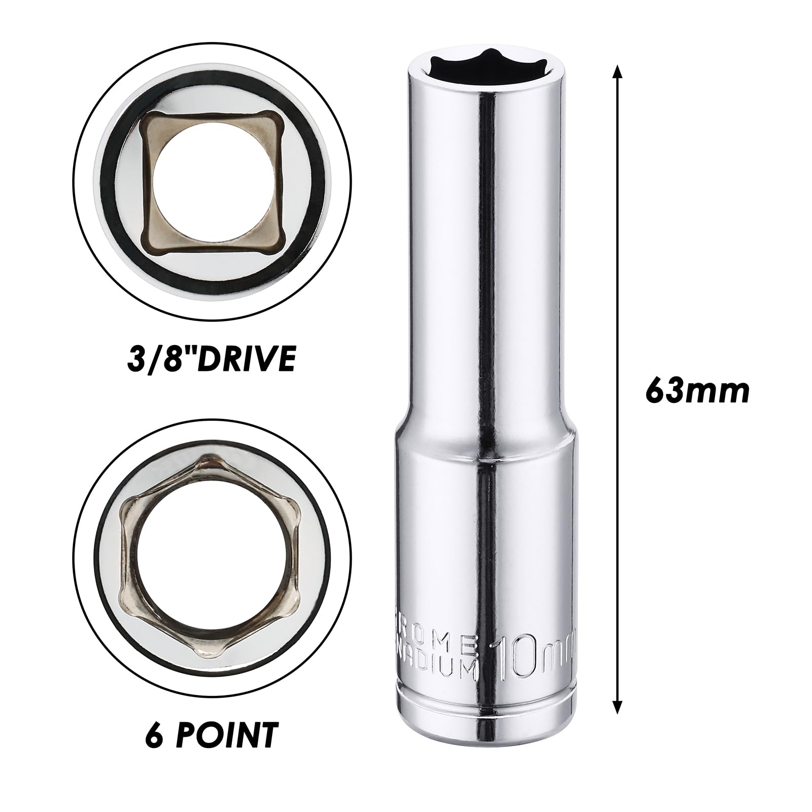 MIXPOWER 6PCS 3/8"Drive 10mm Deep&Shallow Socket, CR-V, Metric, Mirror Finish, 6 Point & 12 Point