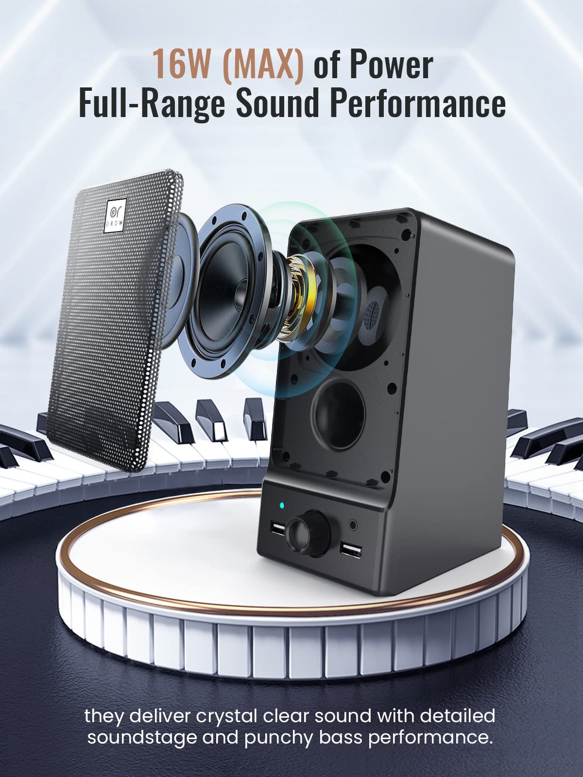 OROW USB Computer Speakers,Hi-Fi Stereo External Speakers for PC,16W Desktop Speaker,Built-in DSP Sound Chip, Deep Bass&Pure Vocal,Laptop Speakers with Headphone Jack(S203)