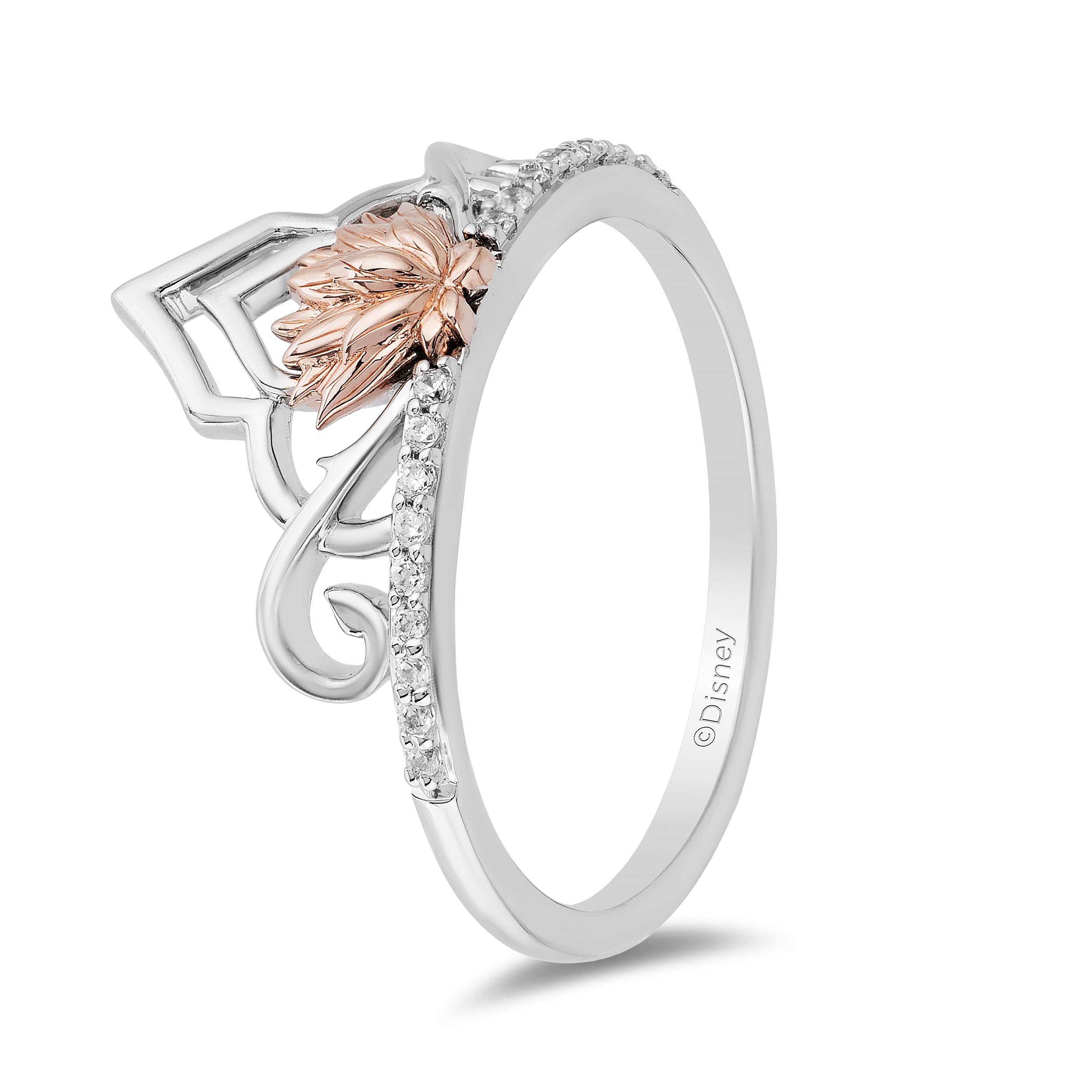 Jewelili Enchanted Disney Fine Jewelry Sterling Silver and Rose Gold Plating 1/10 Cttw Diamond Jasmine Lotus Ring