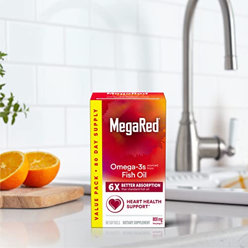 MegaRed Omega 3 Fish Oil Supplement 800mg (per Serving), Advanced 6X Absorption EPA & DHA Omega 3 Fatty Acid Softgels (80cnt Box), Phopholipids, Supports Brain Eye Joint & Heart Health