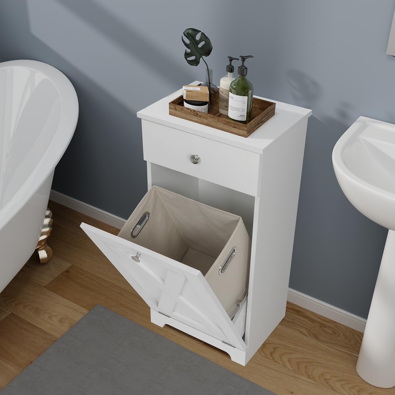 Puluomis Tilt Out Laundry Hamper Cabinet-Free Standing Kitchen Bathroom Laundry Cabinet-Wooden Bathroom Storage Cabinet with Drawer-White