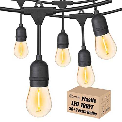 Outdoor String Lights LED 100FT Patio Lights with 32 Shatterproof S14 Dimmable Plastic Vintage Edison Bulbs and Commercial Grade Waterproof Strand Lights String for Porch Market Cafe String Lights
