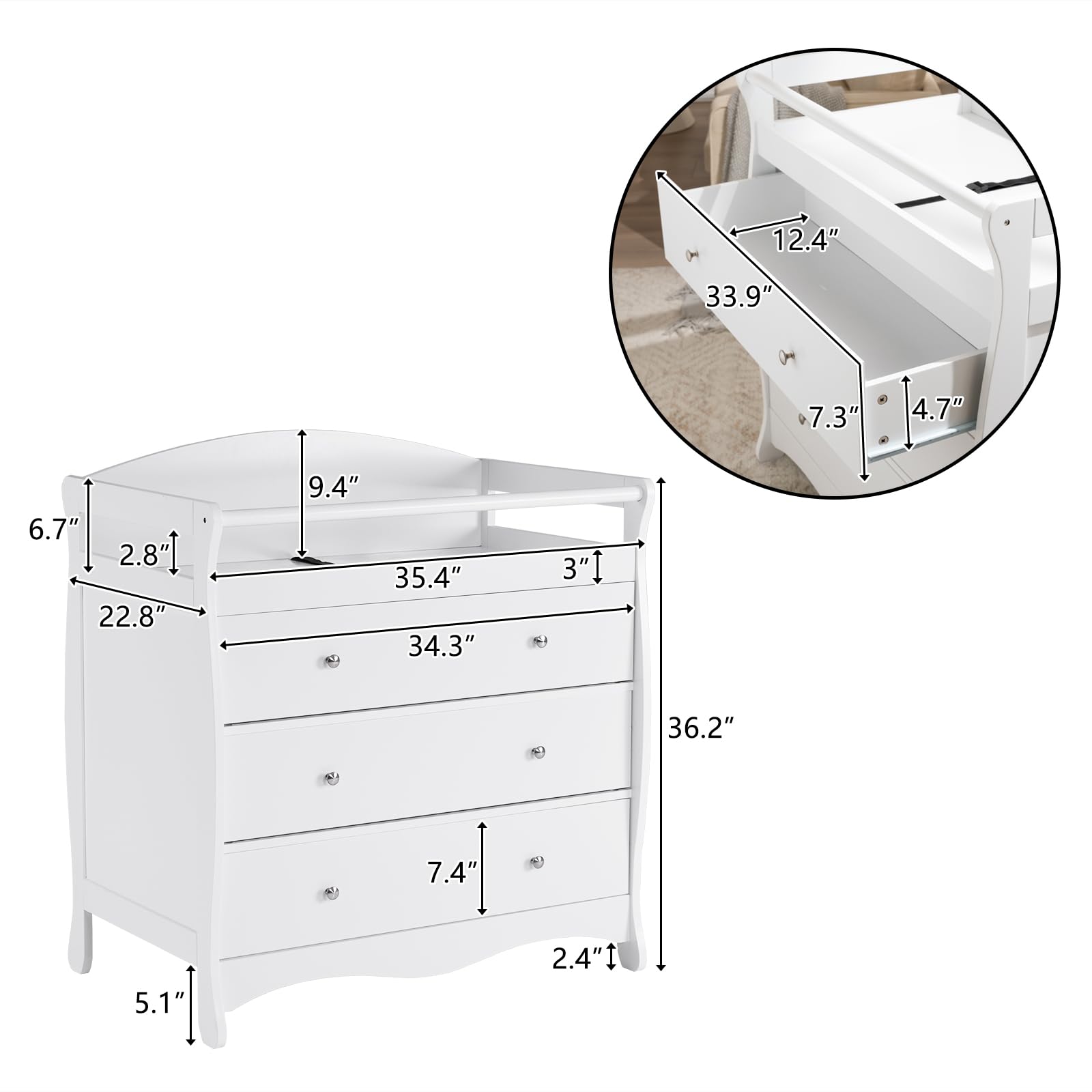 Karl home Changing Table Dresser Baby Diaper Changing Station Infant Nursing Table with 3 Drawers, Safety Rail & Strap for Bedroom, Nursery, Brown