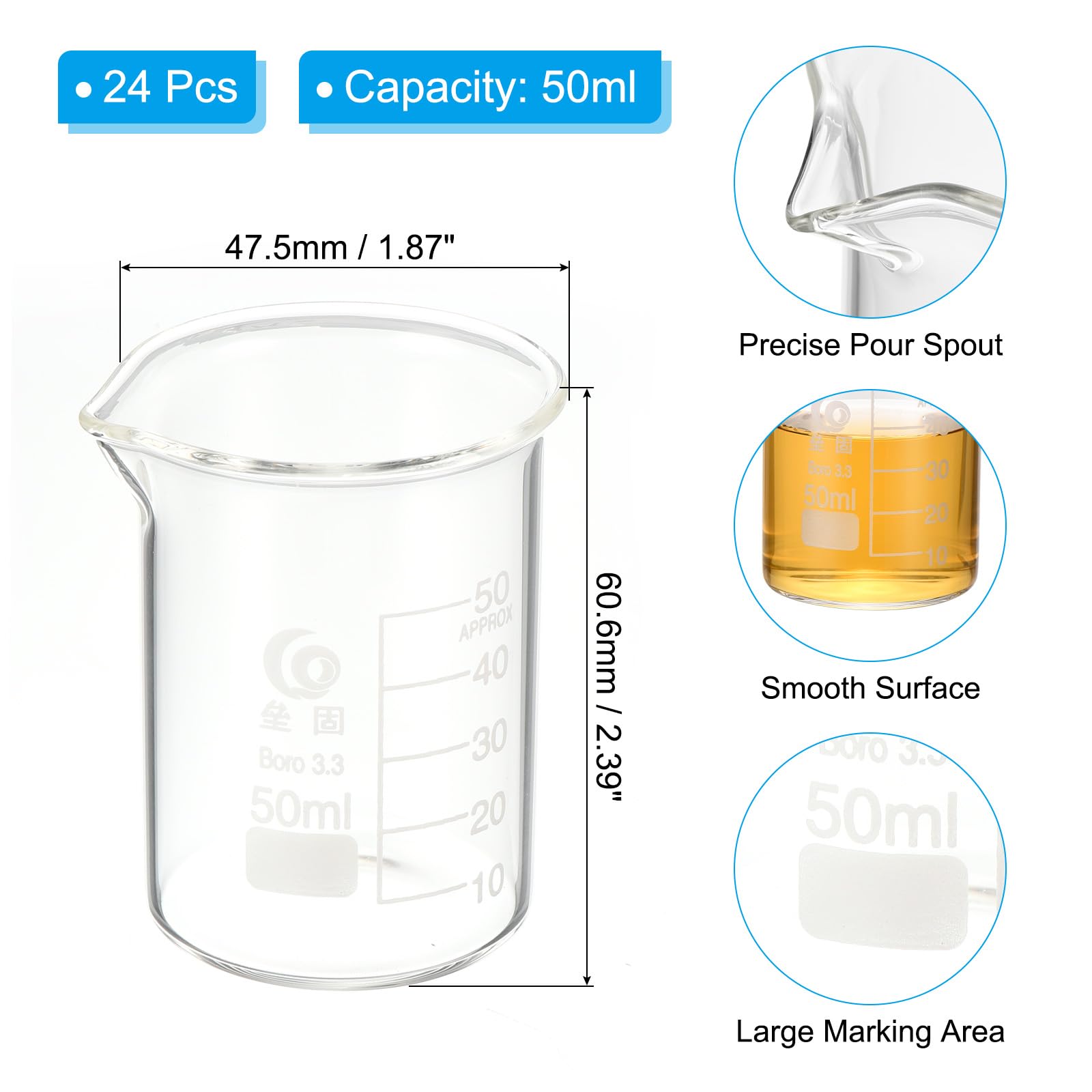 PATIKIL 25ml Low Form Glass Beaker, 24Pcs 3.3 Borosilicate Glass Beakers Graduated Measuring Cup with Spout for Lab Experiment, Cooking and Baking, Clear