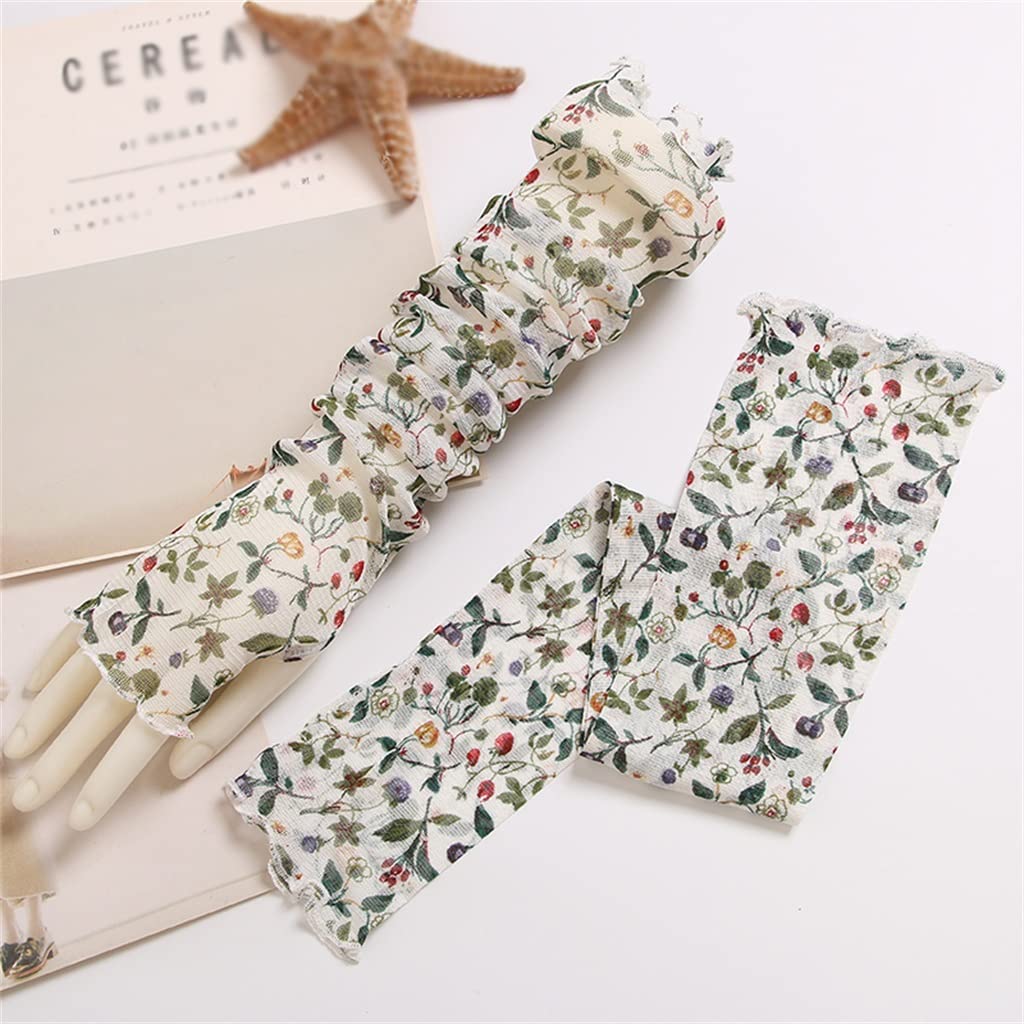Mulberry Silk Floral Mesh Gloves Summer Thin Sleeves Arm Guard Sleeves Summer Female Driving (Color : A, Size : 55 * 18cm)