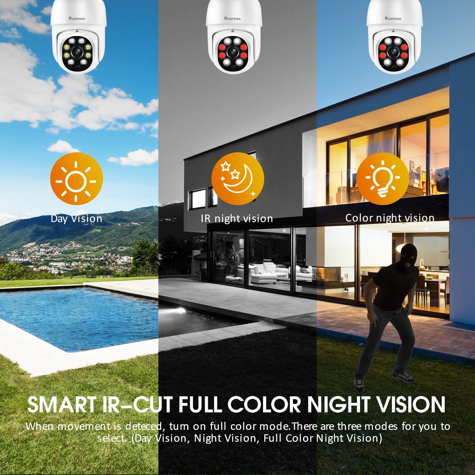 RUSFEIDA 2K 3MP Security Camera Outdoor, Cameras for Home Security Outside Outdoor PTZ Wireless WiFi 2.4G, IP66 Waterproof, Color Night Vision, 2-Way Talk, Auto Tracking, Siren Alarm