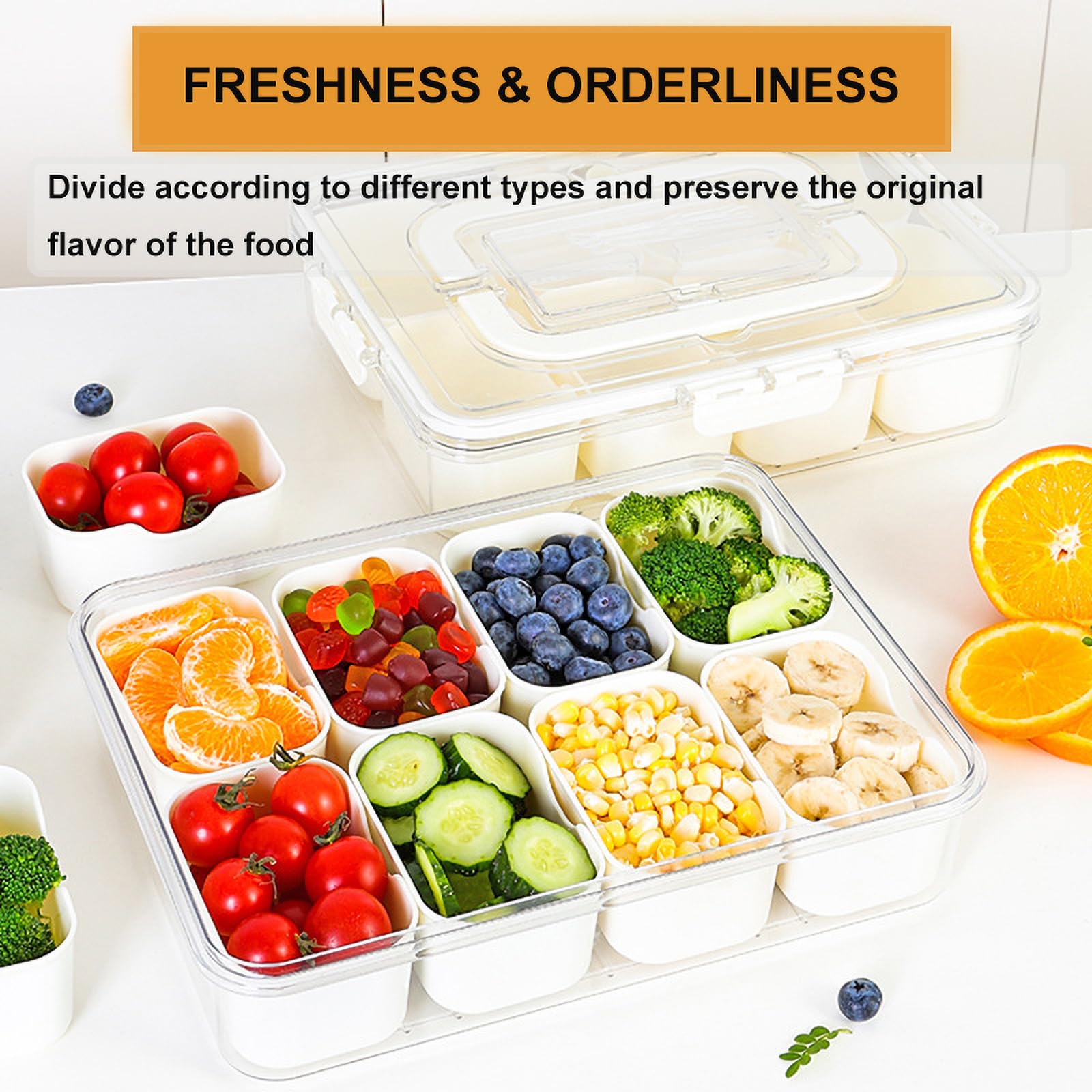 Snackle Box Container, Portable Divided Serving Tray With Lid And Handle, Snack Box Container for Candy, Fruits, Nuts, Snacks, Perfect for Picnic, Party, Home and Travel (4 Compartments)