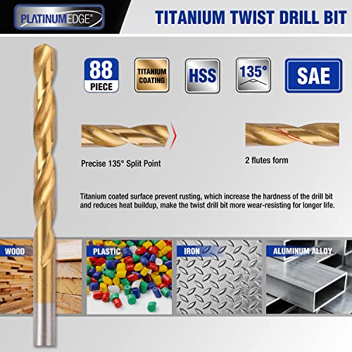 PLATINUMEDGE 140PC Multi-Purpose Drill Bits Set, 88PC Titanium Twist Drill Bits 26 Pieces Masonry Drill Bits 26 Pc Brad Point Drill Bits, with Hard Storage Case, for Wood, Metal, Masonry, etc.