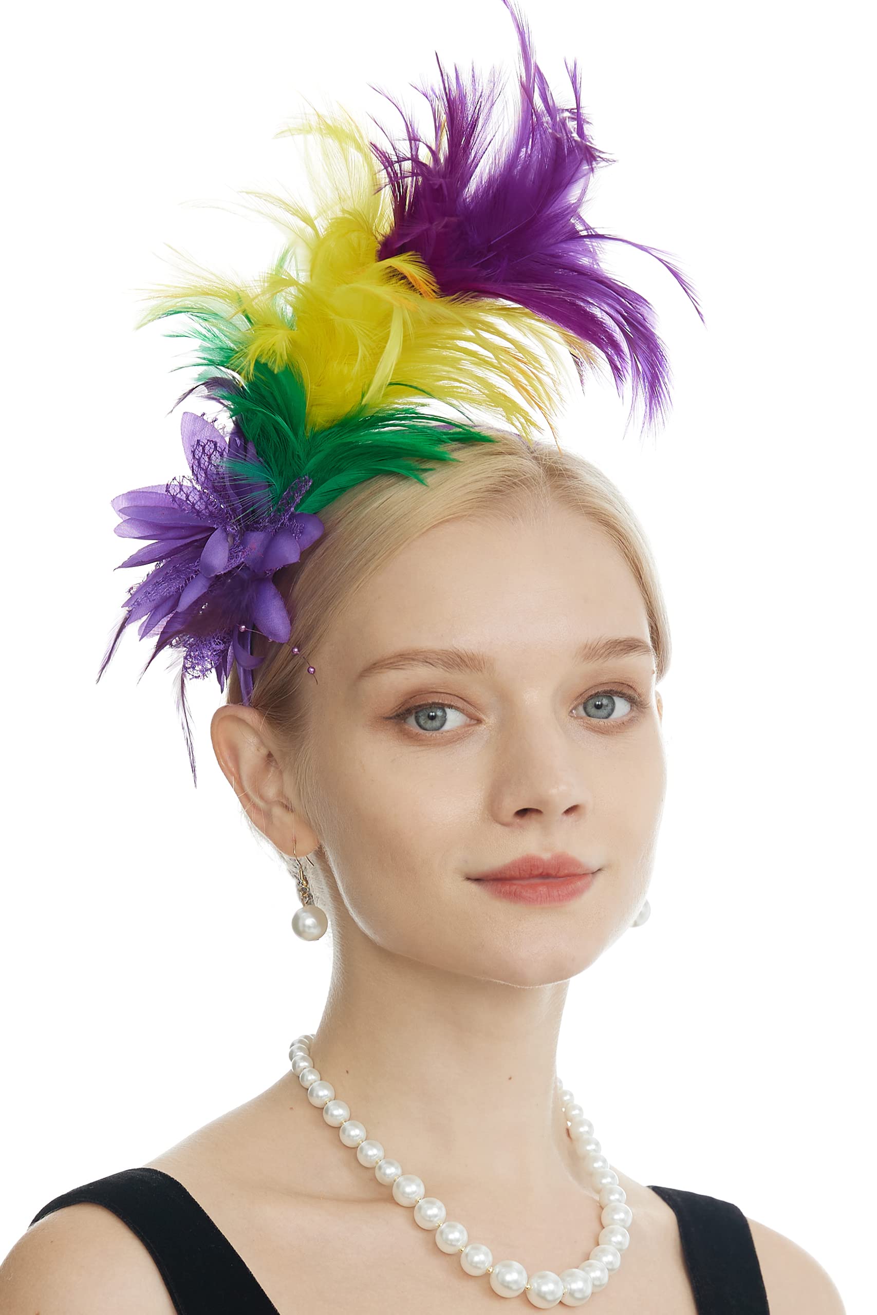 LyMet Women's 1920s Feather Fascinator Headband, Tea Party Flower Headpiece Derby Hat for Cocktail Gatsby Wedding (Purple Yellow Green)