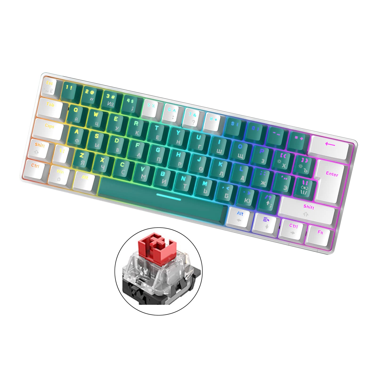 Russian Wired Mechanical Gaming with Rainbow Backlit 62Key NKRO Ergonomics Keyboards for PC/Win Gamer red Blue Switch