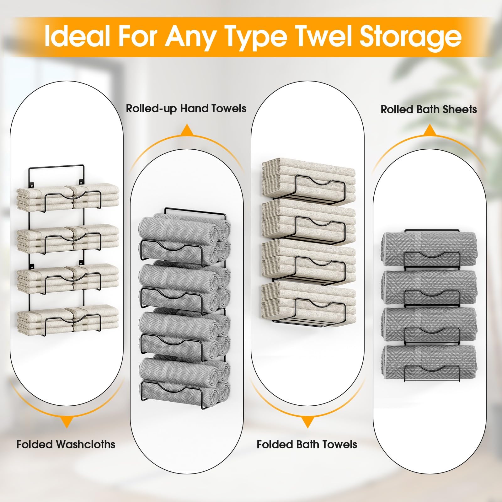Towel Racks for Bathroom,Towel Rack Wall Mounted, 6 Tier Rolled Or Folded Towel Holder with Floating Shelves, Bathroom Towel Holder for Bath, Hand Towels,Metal,Full White