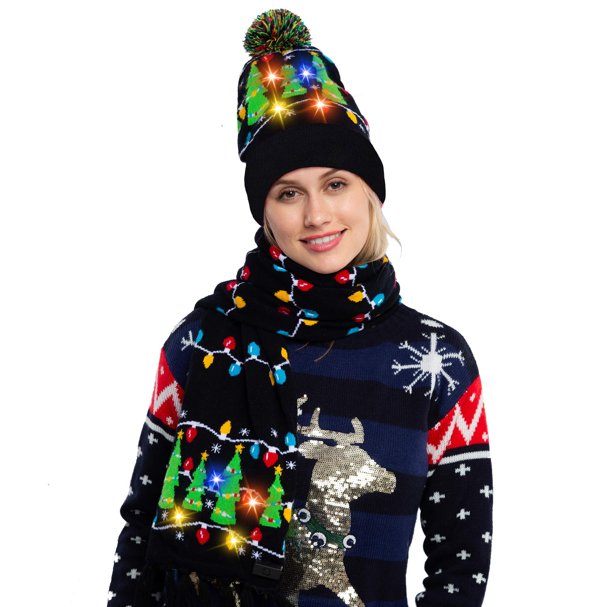 JOYIN 2 PCS Christmas Tree LED Lights Lit-up Beanie Cap and Scarf (6 Flashing Modes) Party Accessories Supplies