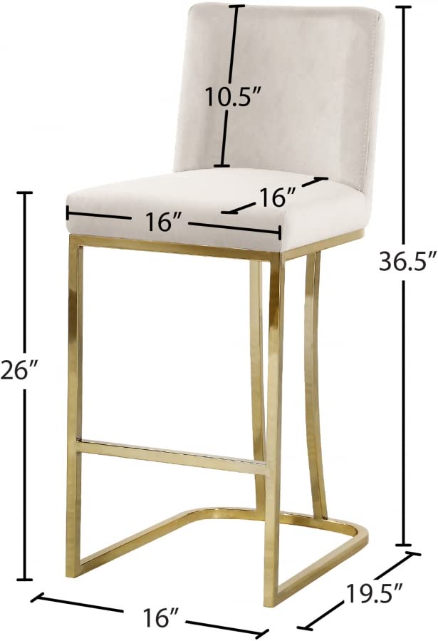 Meridian Furniture Heidi Collection Modern | Contemporary Velvet Upholstered Counter Stool with Polished Gold Metal Frame, Cream, 16" W x 19.5" D x 36.5" H