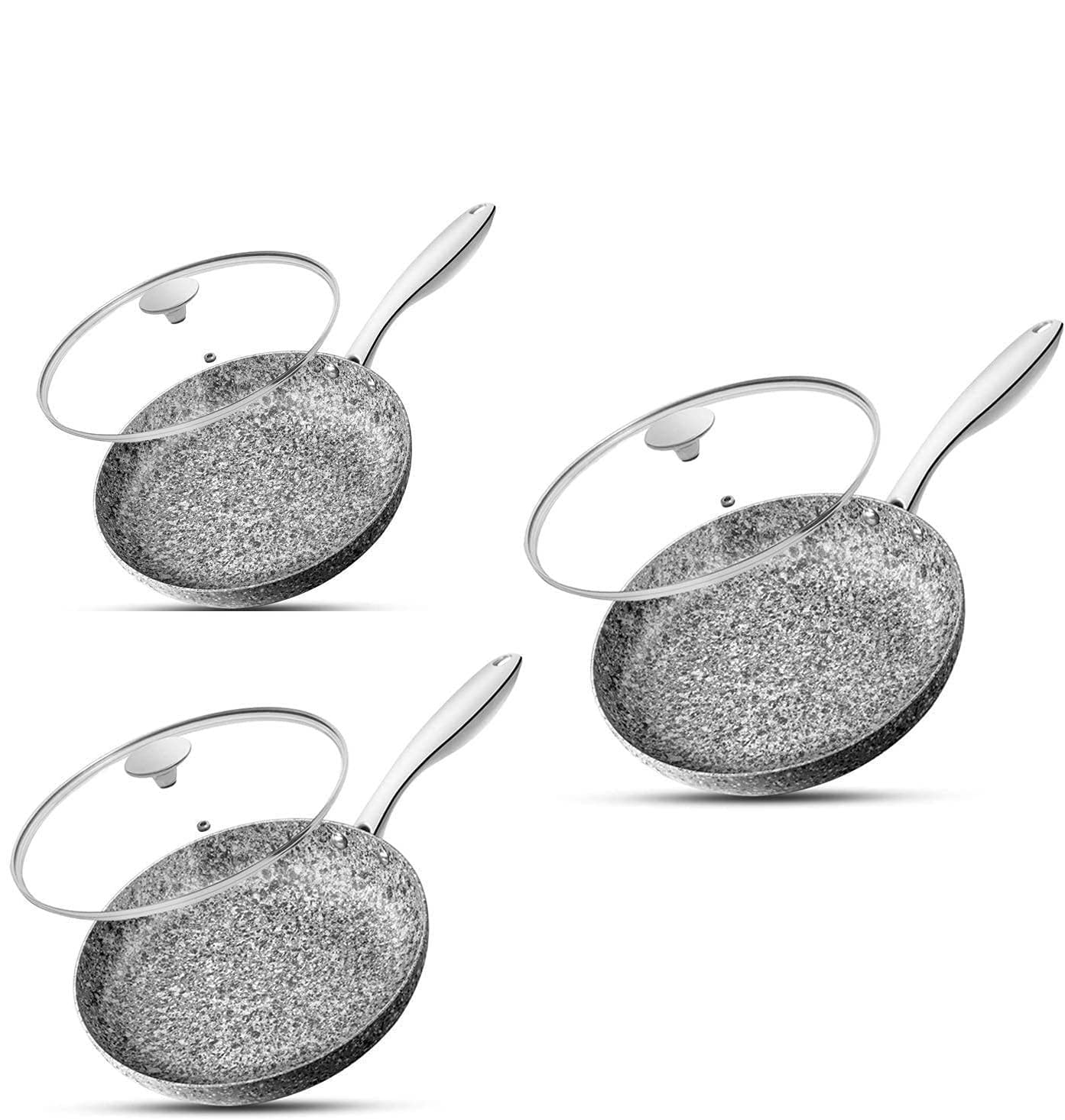 MICHELANGELO 8 Inch + 10 Inch + 12 Inch Frying Pan with Lid, Stone Skillets, Nonstick Stone Frying Pan with Stone-Derived Coating, Granite Frying Pan, Nonstick Frying Pans Set