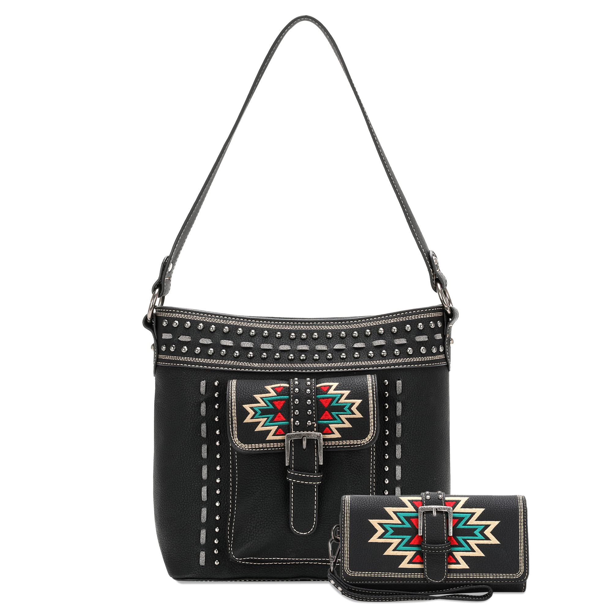 Montana West Aztec Collection Hobo Purses for Women Western Shoulder Bag with Wallet MW1123G-918BK+W