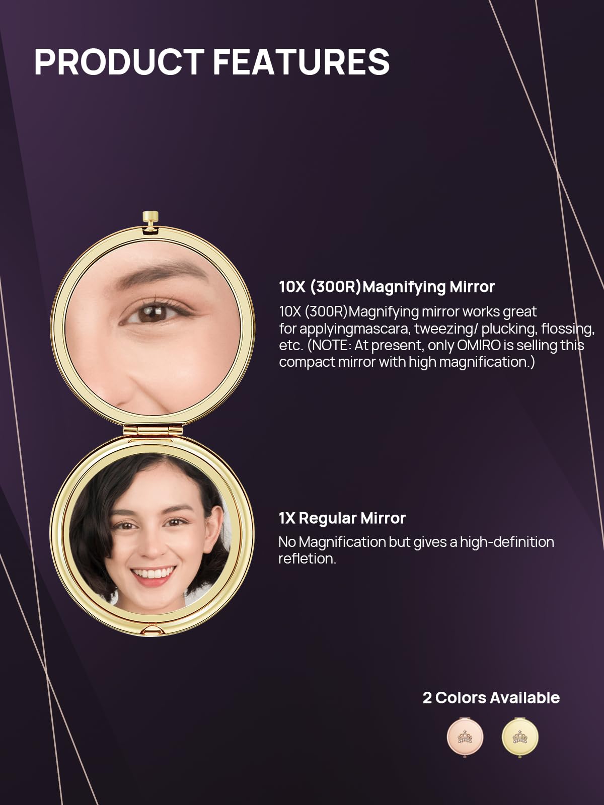 OMIRO Compact Mirror, Mini Small Diamond 1X/2X Magnifying Round Metal Pocket Makeup Mirror (Rose Gold)