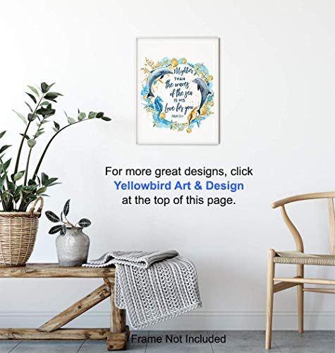 Ocean Dolphins Bible Verse Religious Wall Art - Inspirational Quote Christian Scripture Room Decoration for Bathroom, Bedroom - Nautical Beach House Poster - Mightier Than the Waves Blue Wall Decor