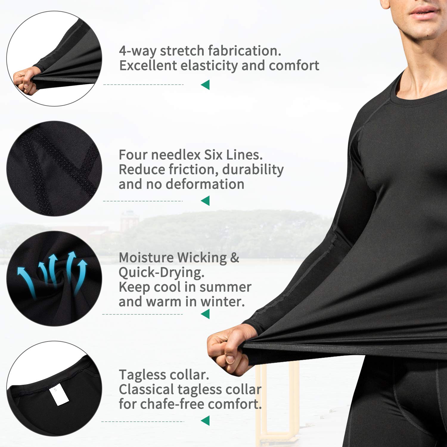 Men's Compression Shirts Long Sleeve, Base-Layer Quick Dry Workout T Shirts Sports Running Tops for Gym Black