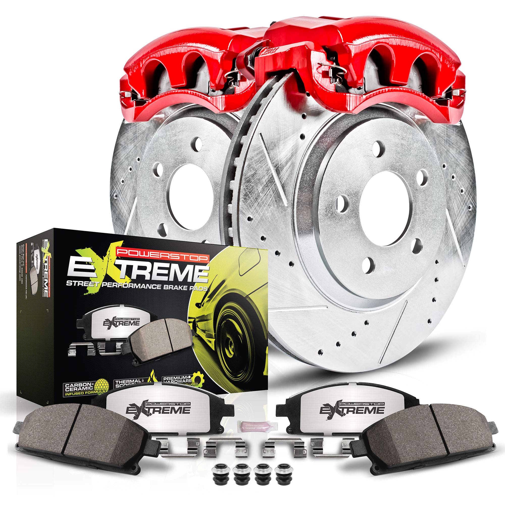 Power Stop KC5985-26 Rear Z26 Street Warrior Brake Pad and Rotor Kit with Red Powder Coated Calipers For BMW X6 2008 [Model Specific]