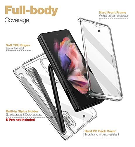 SURITCH for Samsung Galaxy Z Fold 3 Clear Case, [Hinge Protection with Pen Holder] Full Body Protection Bumper Shockproof Rugged Phone Cover with Built-in Screen Protector -(with Pen Holder)