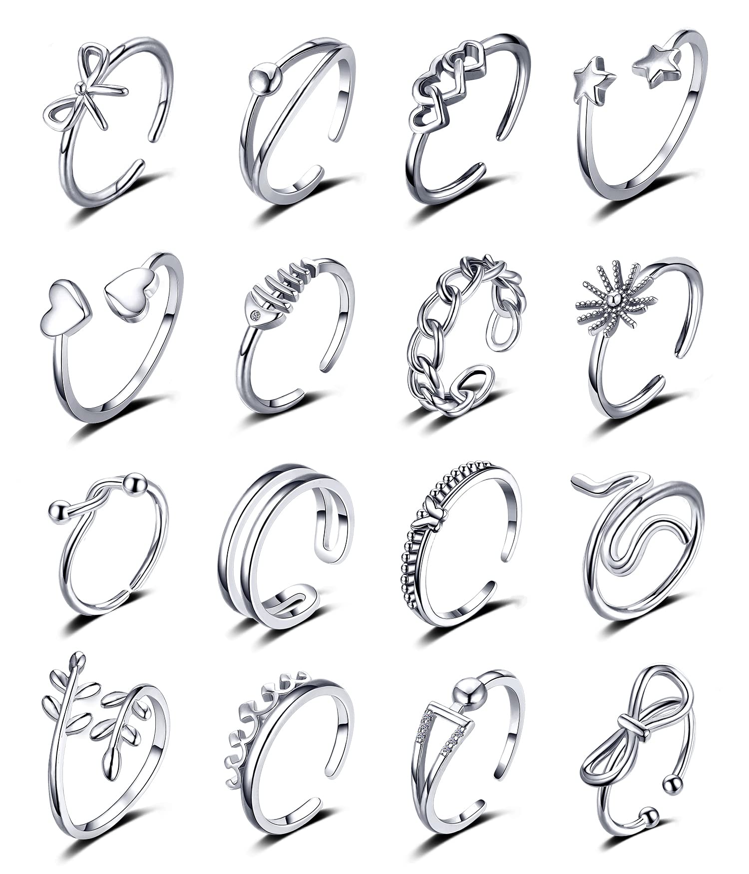 KELAIEN 16PCS Adjustable Open Rings for Women 14K Simple Cut Gold Silver Stacking Rings Pack for Teen Girls Knot Star Heart Butterfly Stackable Thumb Knuckle Rings Set