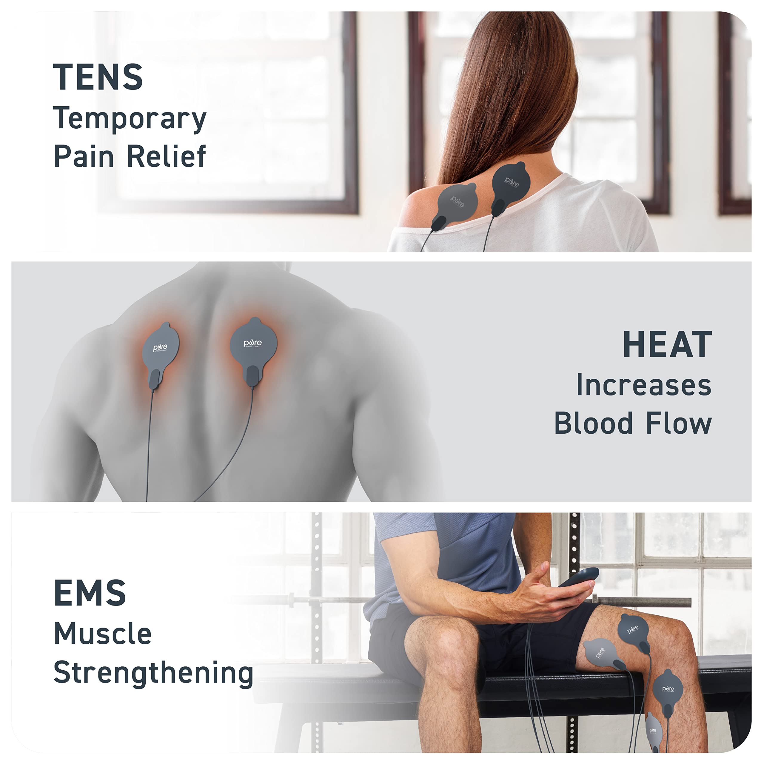 Pure Enrichment® PurePulse™ Trio TENS & EMS Muscle Stimulator + Heat - Electronic Pulse Massager with 9 TENS Modes, 7 EMS Modes, 2 Heat Settings, Advanced Relief for Back, Neck, and Shoulder Pain