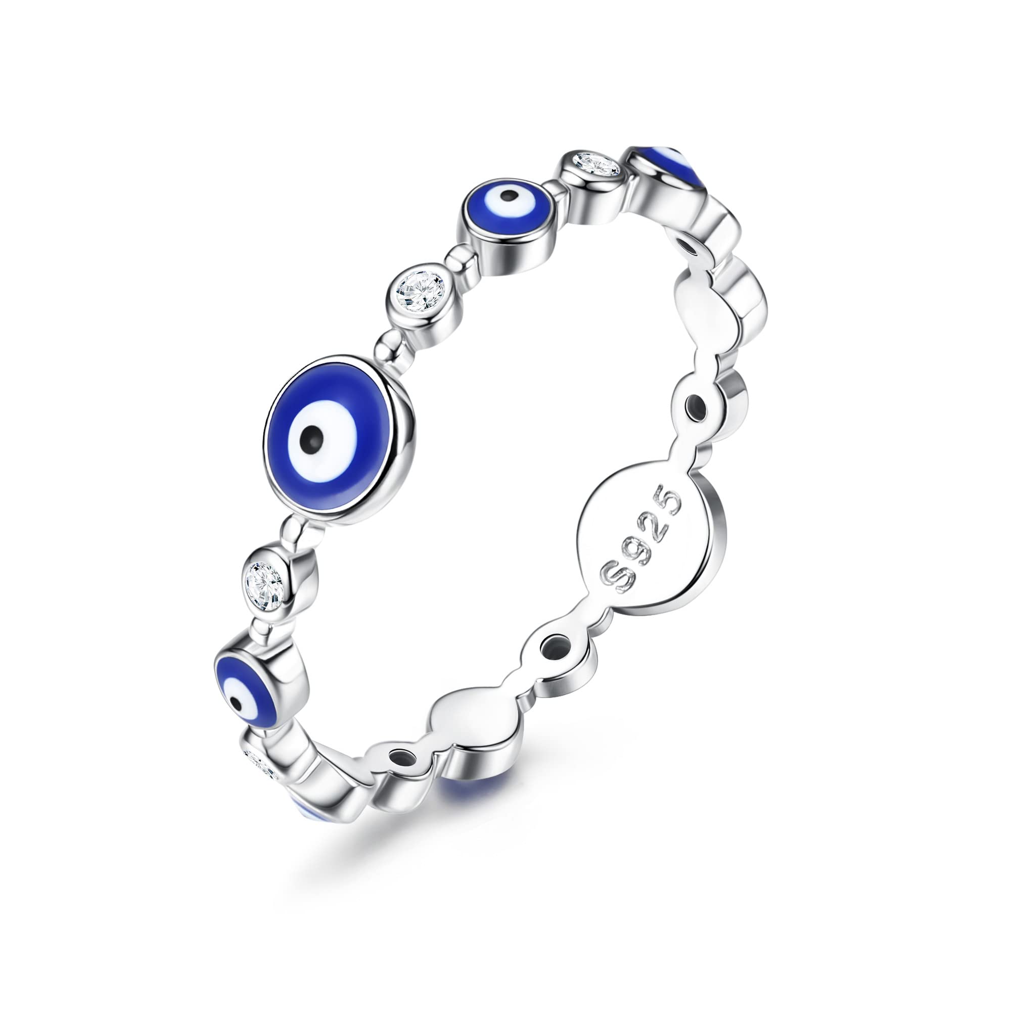MUSECLOUD Evil Eye Ring for Women White Gold Plated 925 Sterling Silver Evil Eye Ring Minimalist Blue Eye Band Ring Protection Jewelry Size 5-10 (Blue, 9)