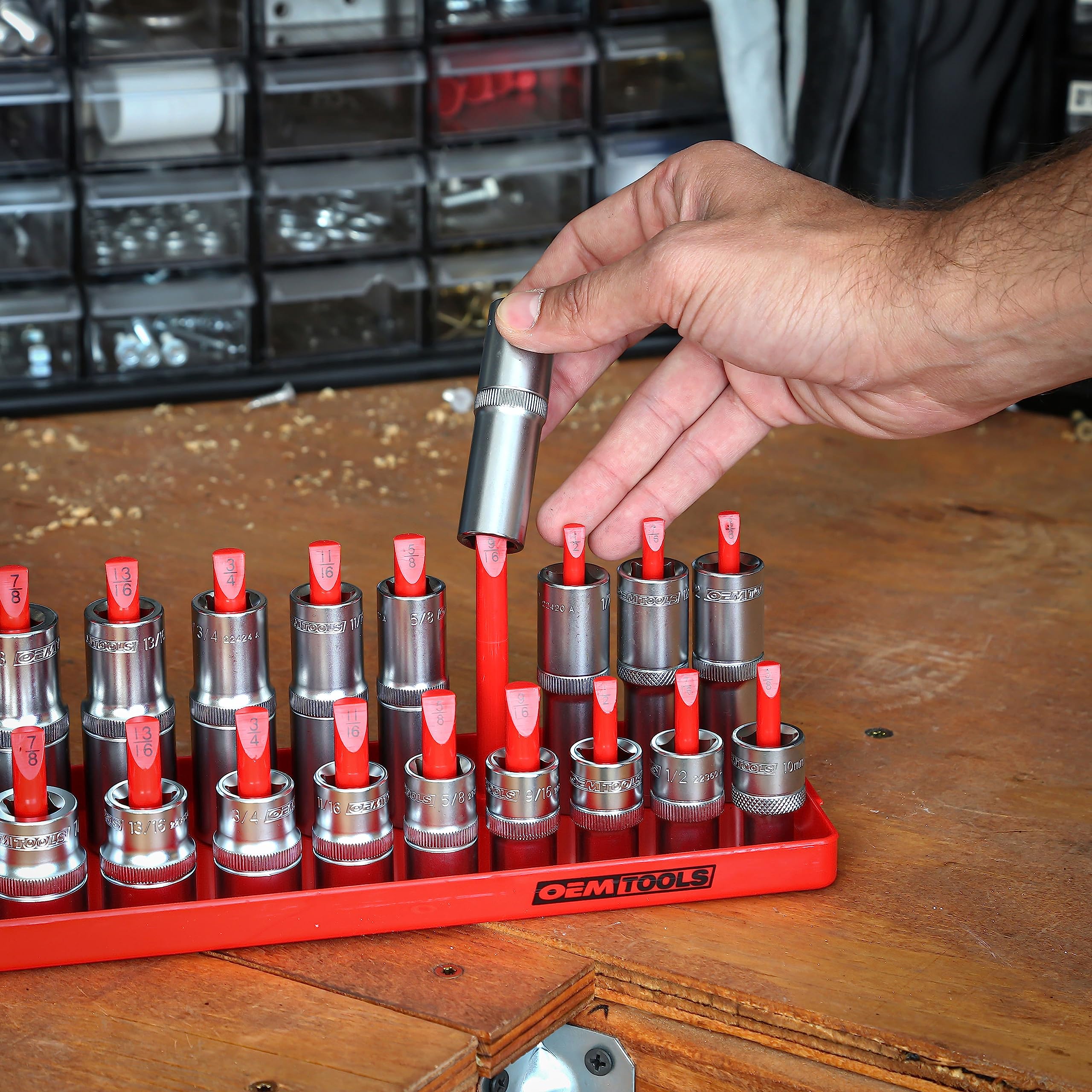 OEMTOOLS 22234 6 Piece SAE and Metric Socket Tray Set, SAE and Metric Socket Storage for Sizes 1/4", 3/8β, and 1/2" Drive, Socket Holders and Socket Organizer Tray for Toolbox, Red and Black