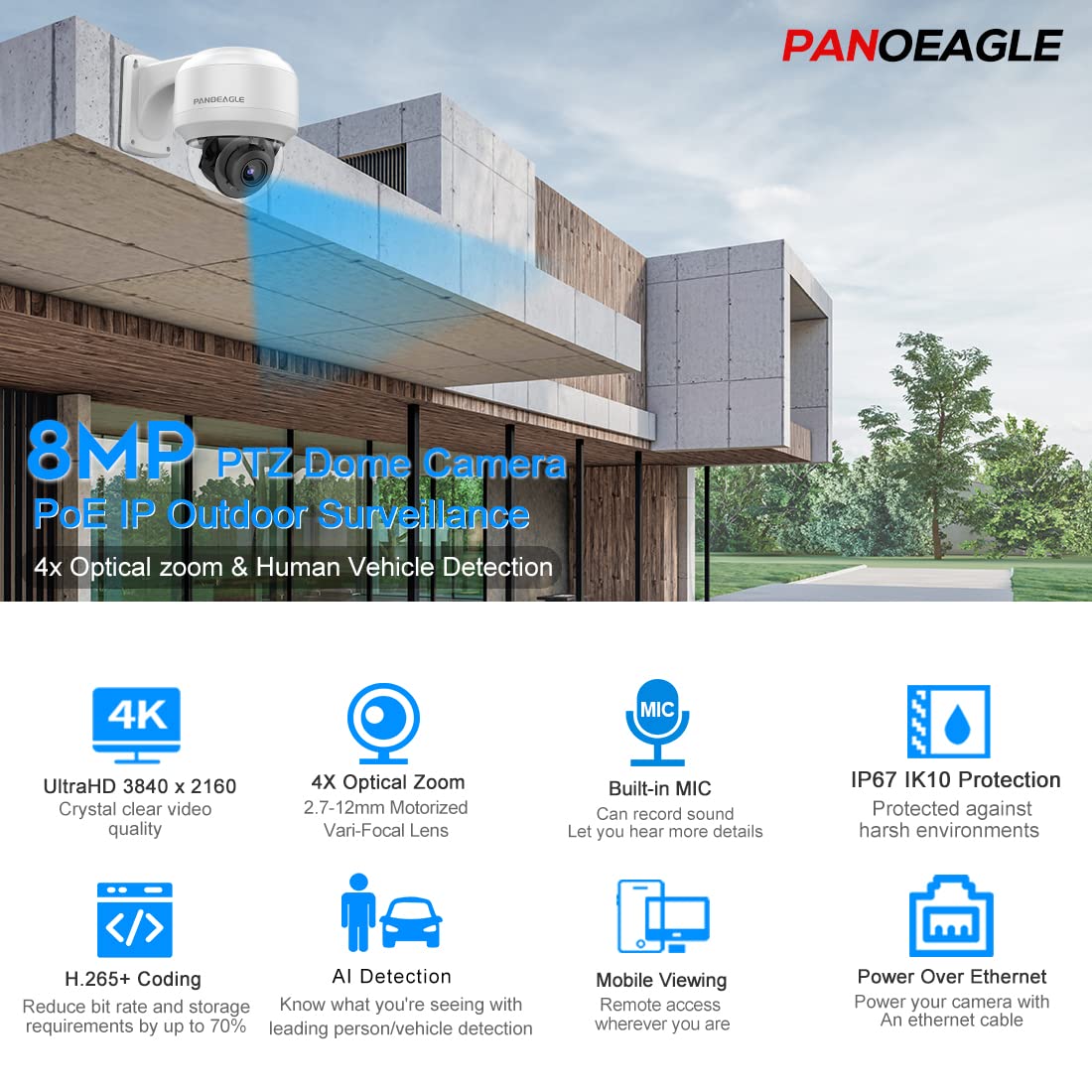 PANOEAGLE 8MP PTZ PoE IP Camera Outdoor Dome with 4X Optical Zoom 16x Digital Zoom,Built-in Mic,164ft IR Night Vision,IP67,IK10,Human Vehicle Detection