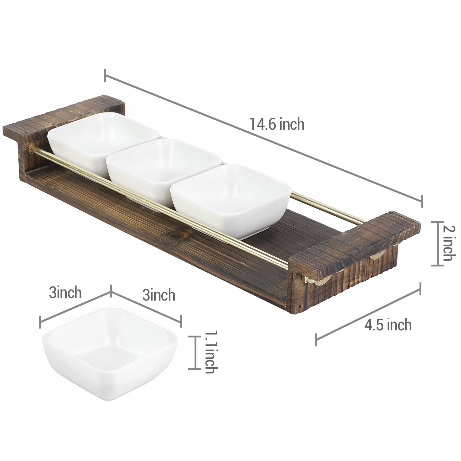 MyGift 5 Piece White Ceramic Small Dip Bowl and Burnt Wood Serving Tray Party Set, Mini Condiment Dipping Bowls for Appetizer, Soy Sauce, BBQ