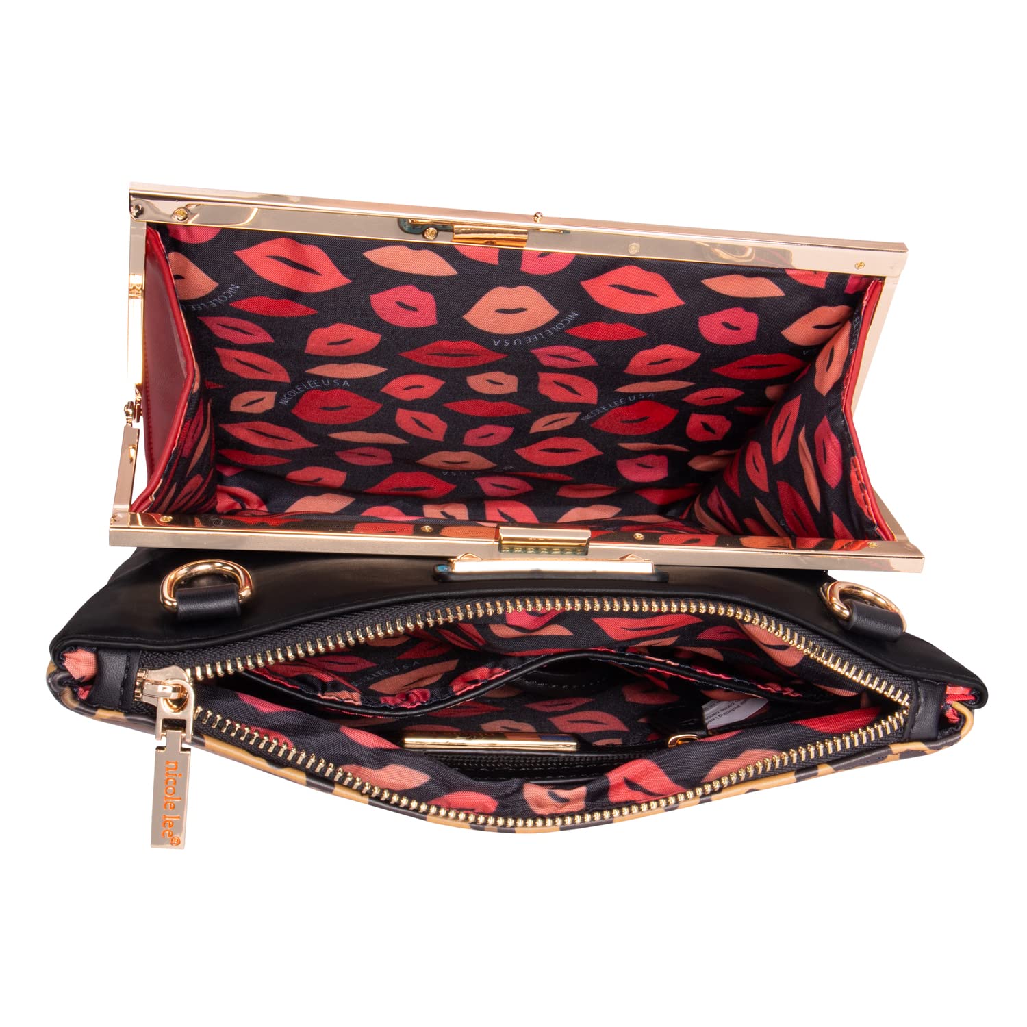 Nicole Lee All Emotion Leopard Lips Crossbody, 2 Compartments, Embellished Vegan Leather Handbag with Optional Strap